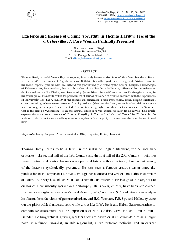 (PDF) Existence and Essence of Cosmic Absurdity in Thomas Hardy’s Tess ...