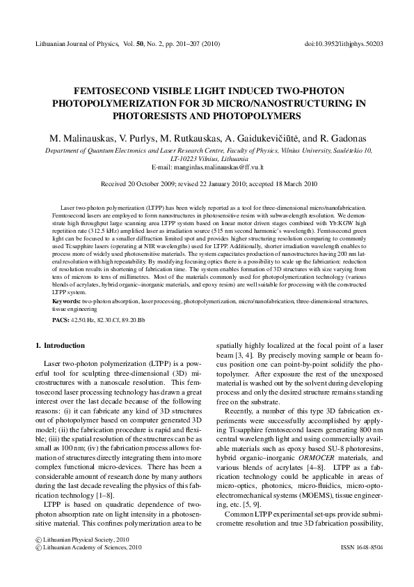 (PDF) Femtosecond visible light induced two-photon photopolymerization ...