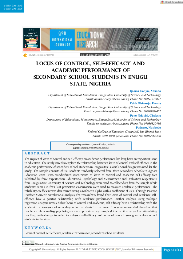 (PDF) Locus of Control, Self-Efficacy Andacademic Performance of Secondary School Students in ...