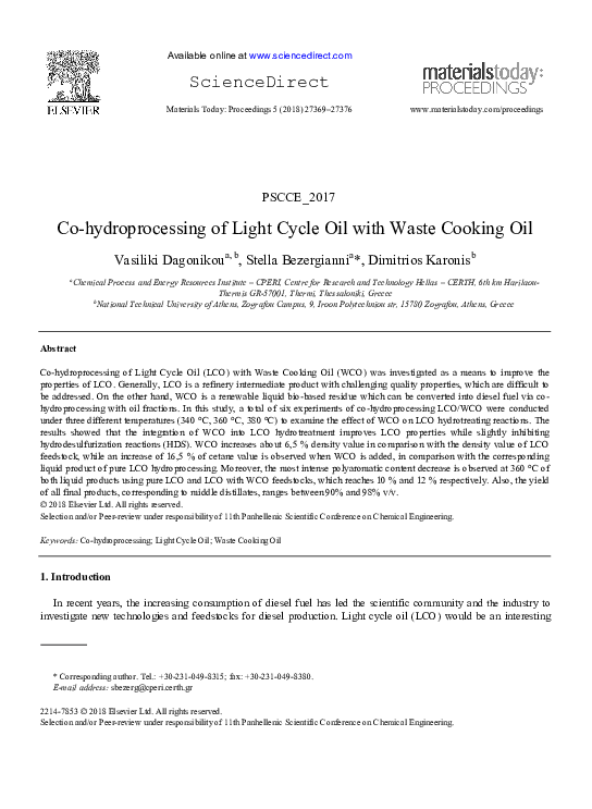 (PDF) Co-hydroprocessing of Light Cycle Oil with Waste Cooking Oil