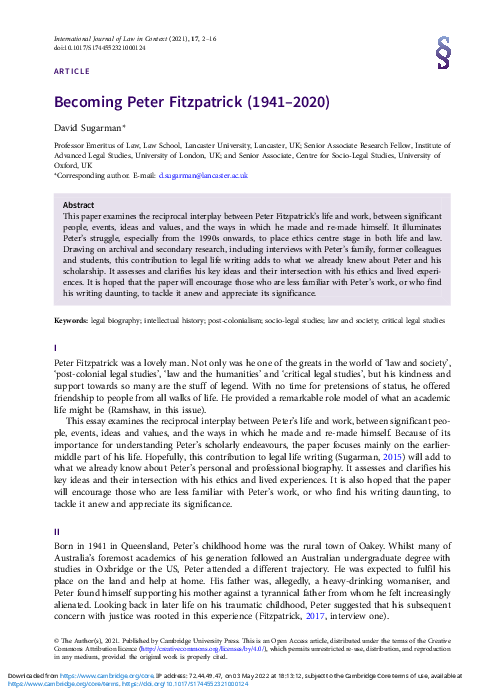 (PDF) Becoming Peter Fitzpatrick (1941–2020)