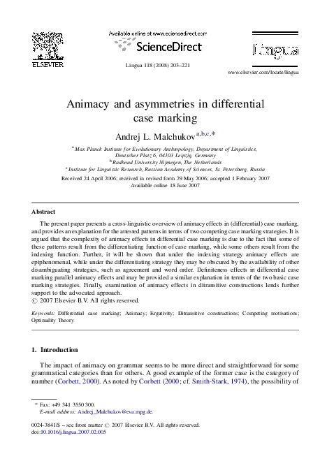 (PDF) Animacy and asymmetries in differential case marking