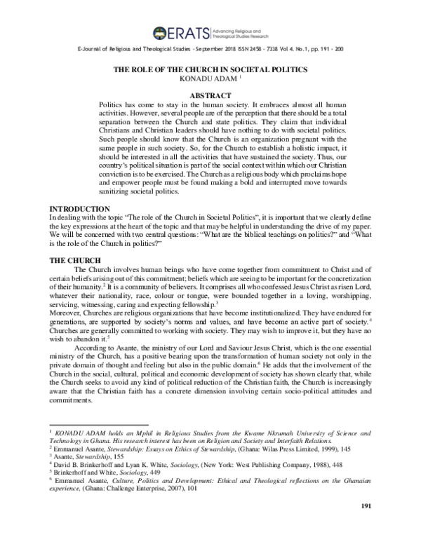 (PDF) THE ROLE OF THE CHURCH IN SOCIETAL POLITICS