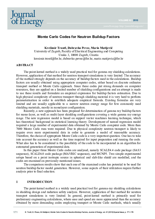 (PDF) Monte Carlo Codes for Neutron Buildup Factors