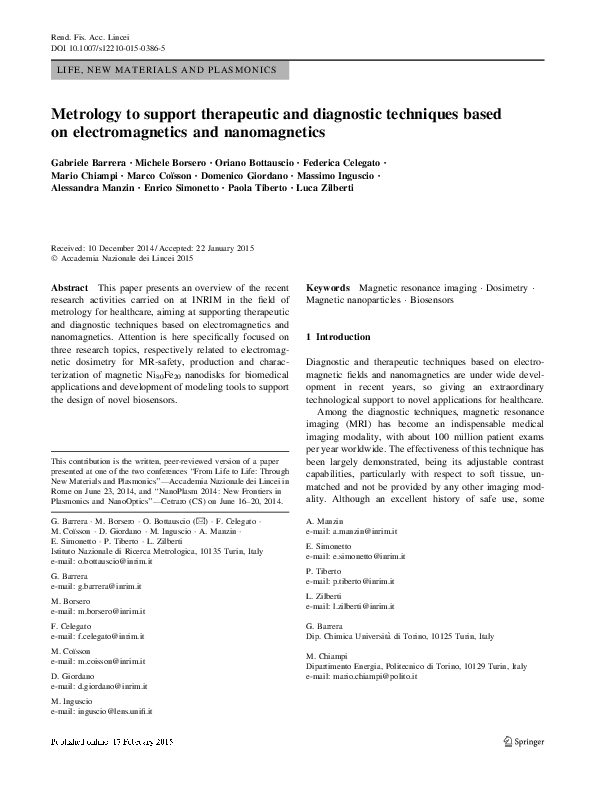 (PDF) Metrology to support therapeutic and diagnostic techniques based on electromagnetics and ...
