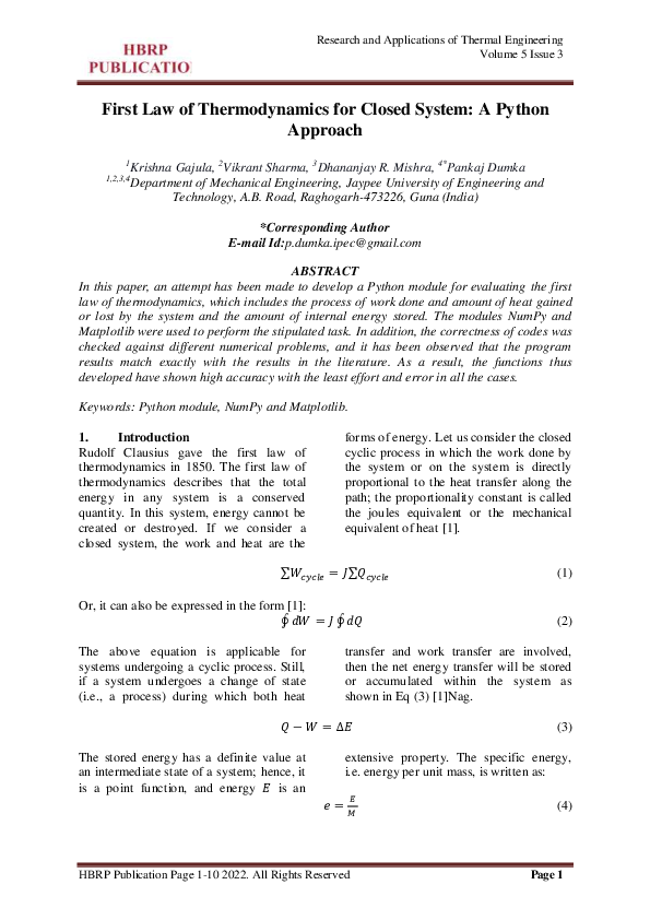 (PDF) First Law of Thermodynamics for Closed System: A Python Approach