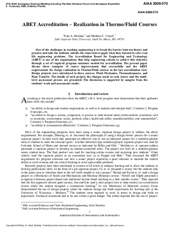(PDF) ABET Accreditation: Realization in Thermo/Fluid Courses