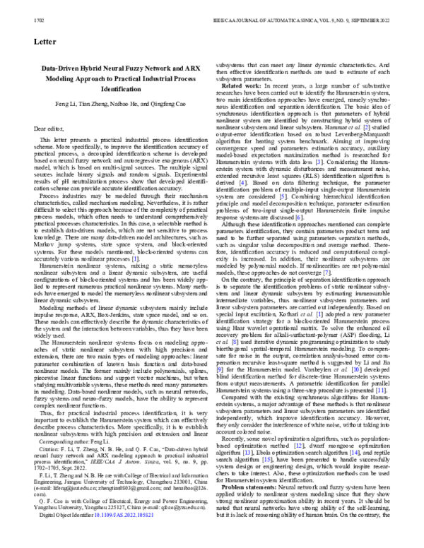 Pdf Data Driven Hybrid Neural Fuzzy Network And Arx Modeling Approach To Practical Industrial