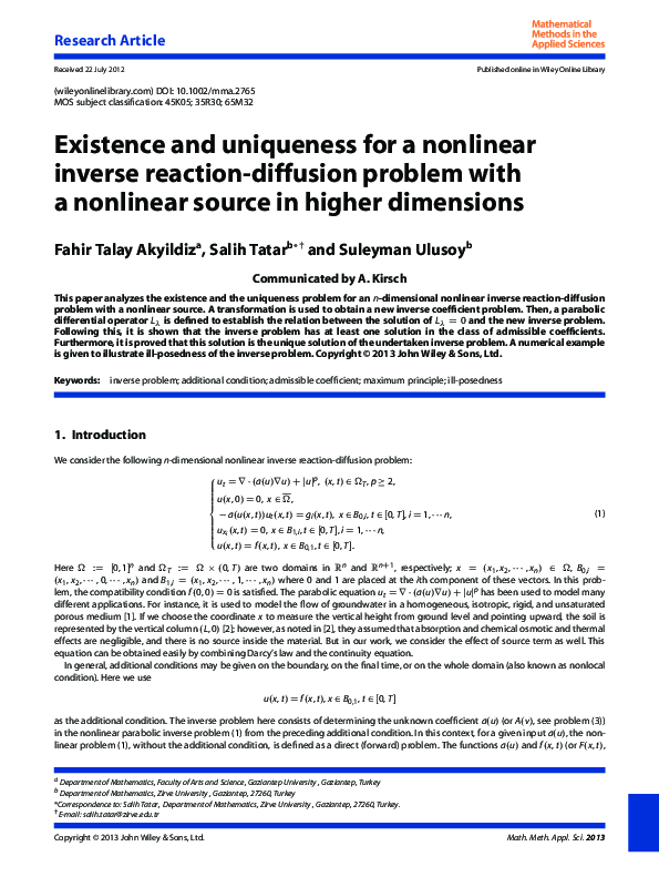 (PDF) Existence and uniqueness for a nonlinear inverse reaction ...