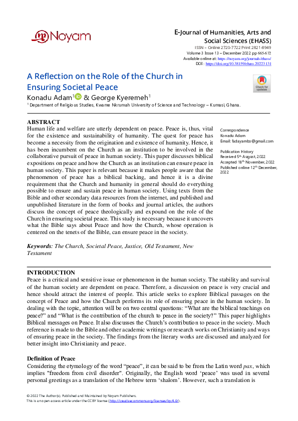 (PDF) A Reflection on the Role of the Church in Ensuring Societal Peace
