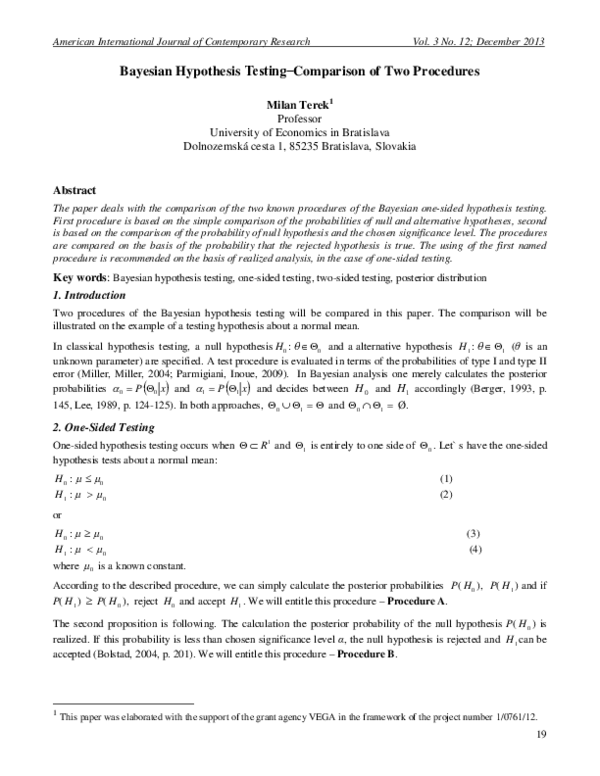 Pdf Bayesian Hypothesis Testing ̶ Comparison Of Two Procedures 9709