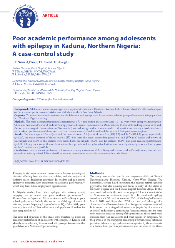 (PDF) Poor academic performance among adolescents with epilepsy in ...