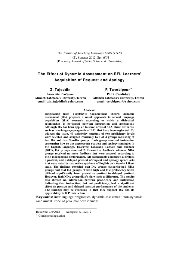 (PDF) The Effect of Dynamic Assessment on EFL Learners' Acquisition of Request and Apology