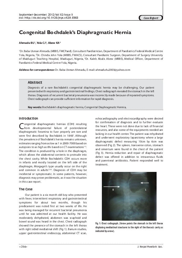 (PDF) Congenital Bochdalek’s Diaphragmatic Hernia