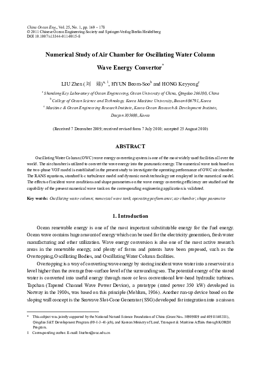 (PDF) Numerical study of air chamber for oscillating water column wave ...