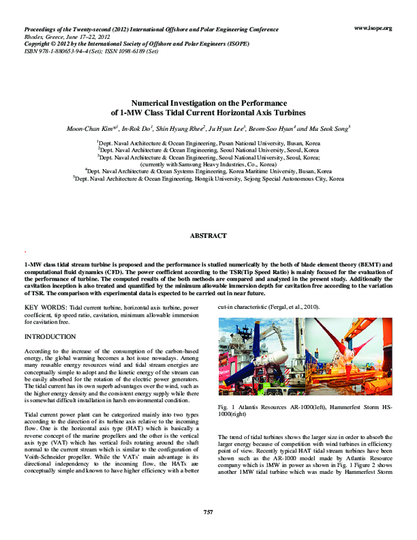 (PDF) Numerical Investigation On the Performance of 1-MW Class Tidal Current Horizontal Axis ...