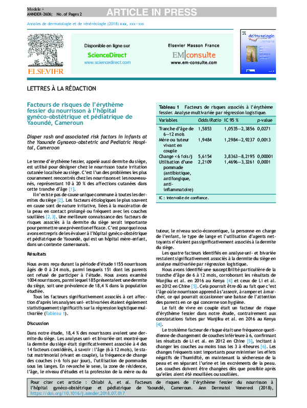 (PDF) Facteurs de risques de l’érythème fessier du nourrisson à l ...