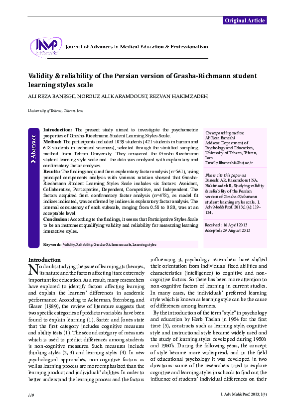 (PDF) Validity & reliability of the Persian version of Grasha-Richmann ...