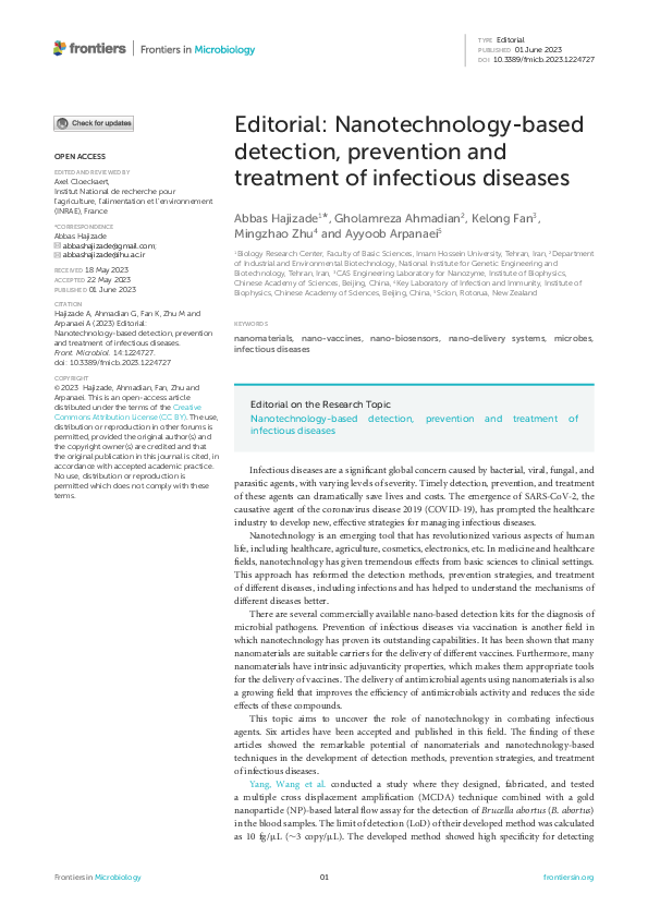 (PDF) Editorial: Nanotechnology-based detection, prevention and treatment of infectious diseases
