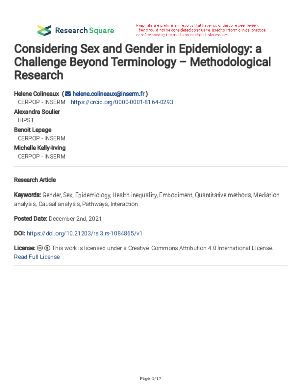 (PDF) Considering Sex and Gender in Epidemiology: a Challenge Beyond ...