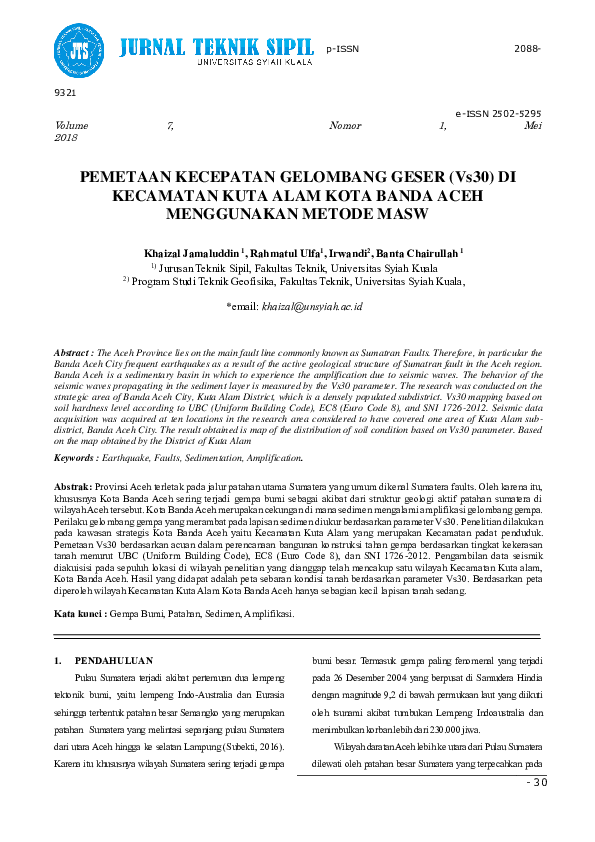(PDF) PEMETAAN KECEPATAN GELOMBANG GESER (Vs30) DI KECAMATAN KUTA ALAM KOTA BANDA ACEH ...