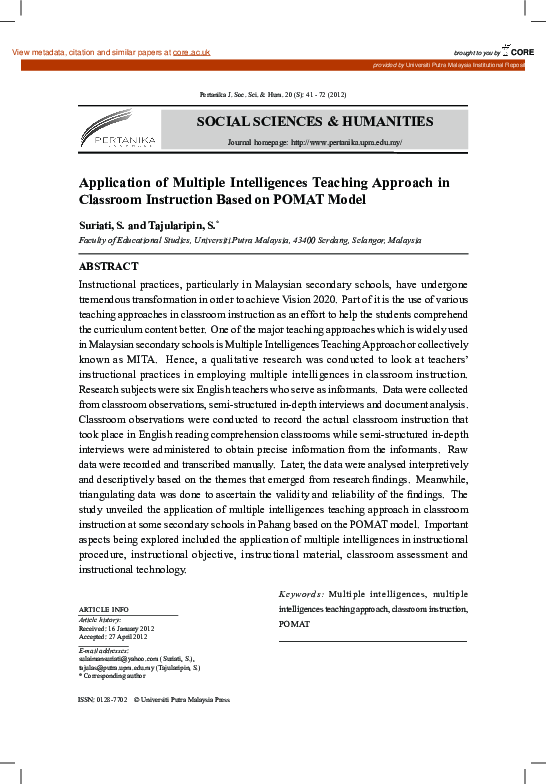 (PDF) Application of Multiple Intelligences Teaching Approach in ...