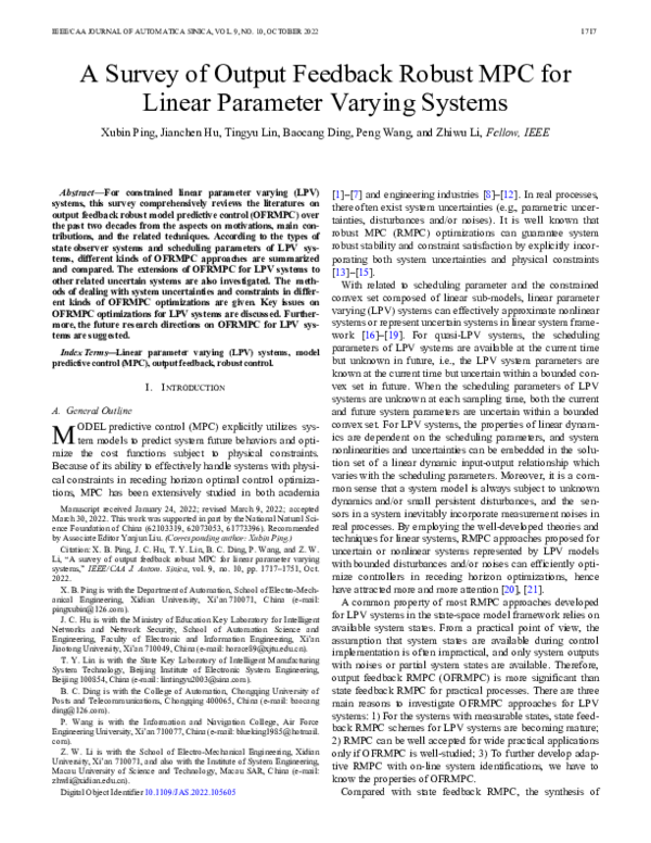 (PDF) A Survey of Output Feedback Robust MPC for Linear Parameter Varying Systems