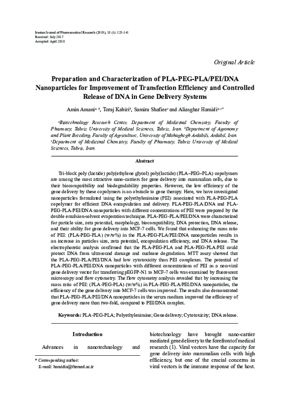 (PDF) Preparation and Characterization of PLA-PEG-PLA/PEI/DNA Nanoparticles for Improvement of ...
