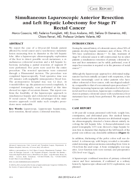 Pdf Simultaneous Laparoscopic Anterior Resection And Left Hepatic