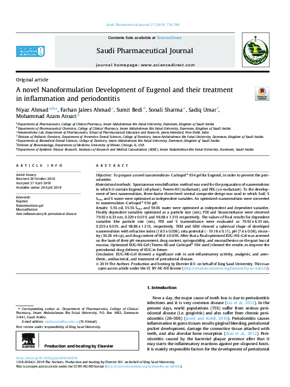 (PDF) A novel Nanoformulation Development of Eugenol and their ...