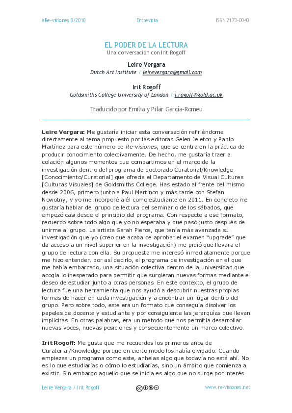 (PDF) EL PODER DE LA LECTURA. Una conversación con Irit Rogoff
