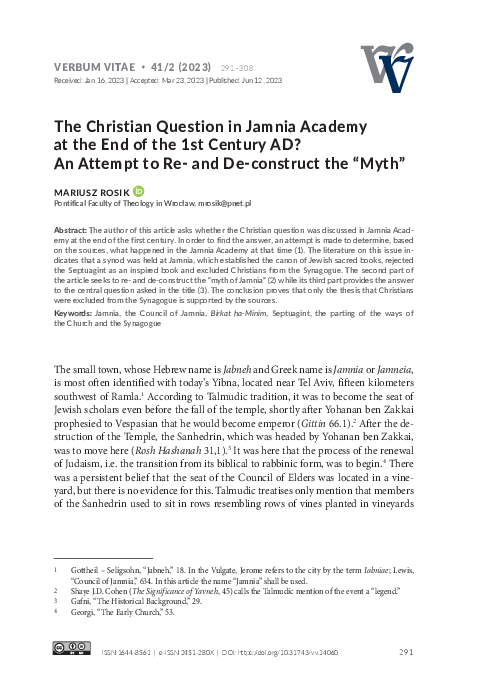 (PDF) The Christian Question in Jamnia Academy at the End of the 1st ...