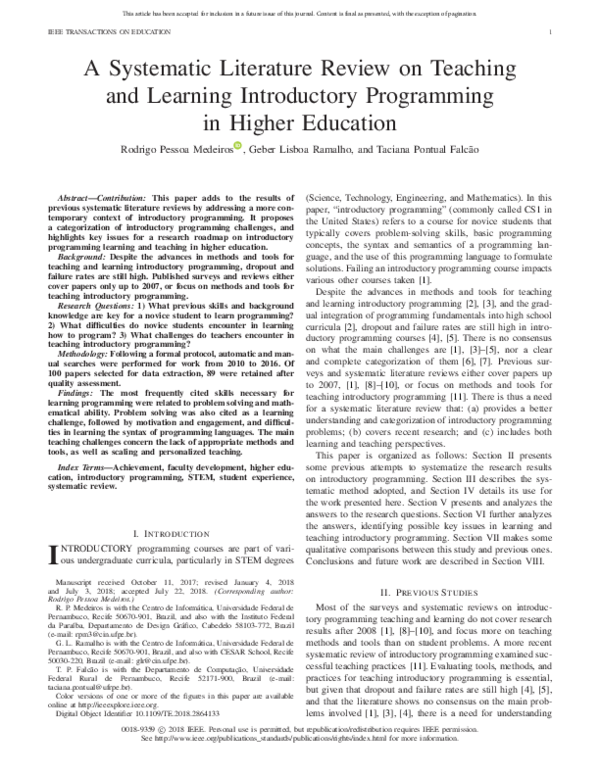 (PDF) A Systematic Literature Review on Teaching and Learning Introductory Programming in Higher ...