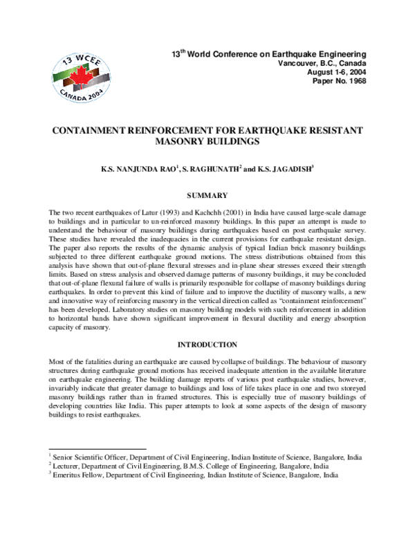 (PDF) Containment Reinforcement for Earthquake Resistant Masonry Buildings