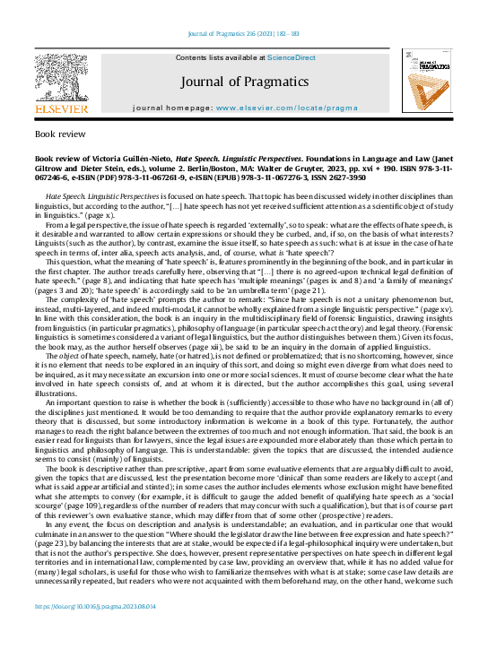 (PDF) J. Doomen, Review of "Hate Speech. Linguistic Perspectives ...