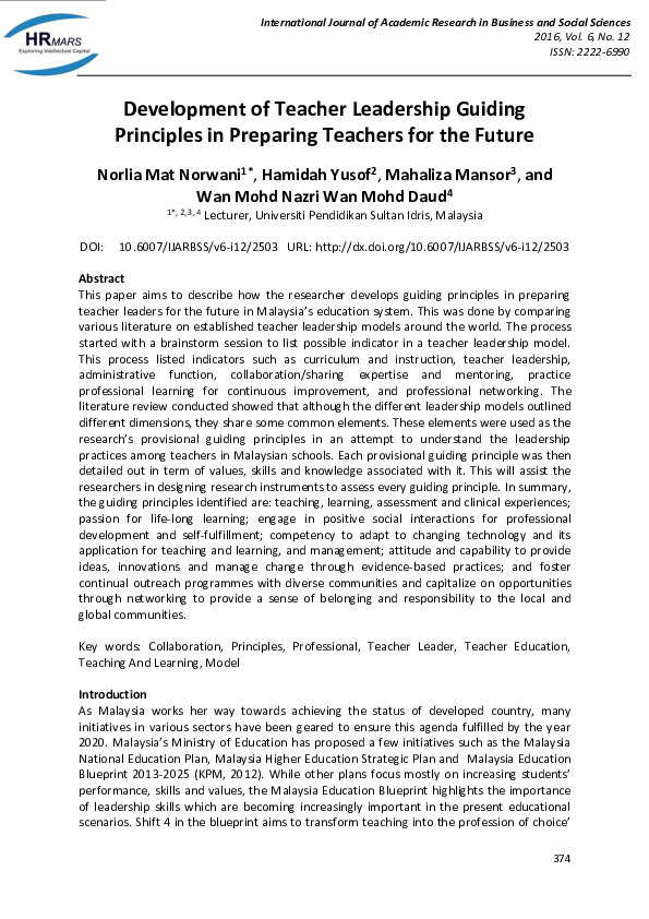 (PDF) Development of Teacher Leadership Guiding Principles in Preparing Teachers for the Future