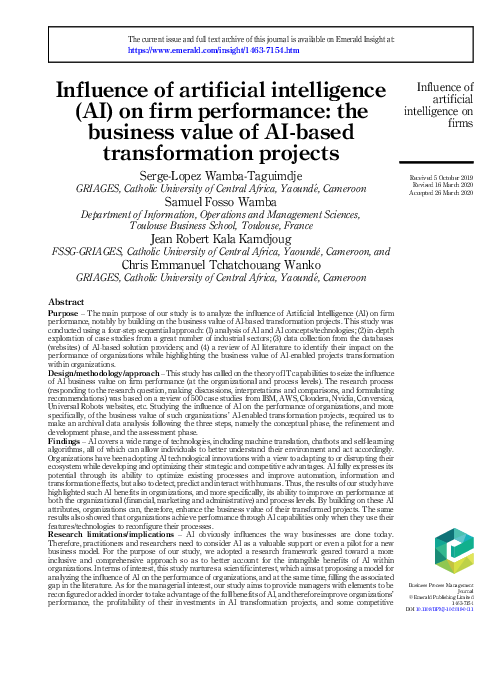 (PDF) Influence of artificial intelligence (AI) on firm performance: the business value of AI ...