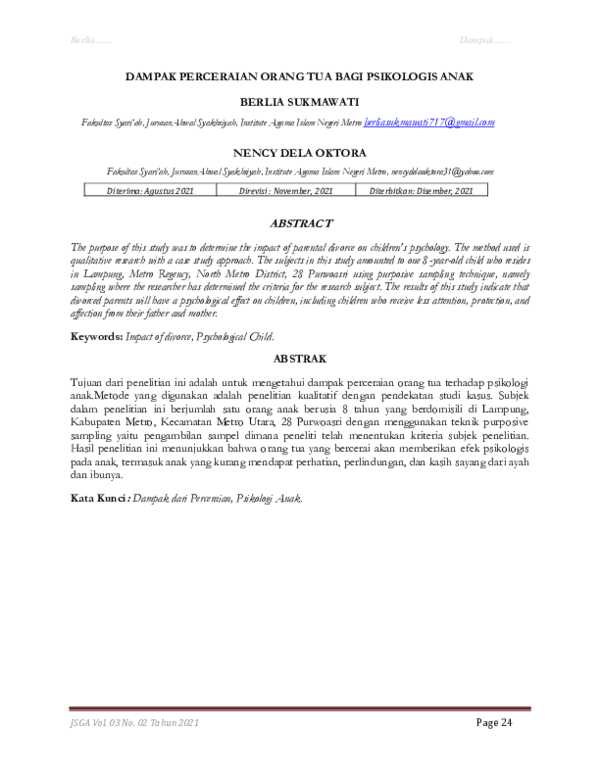 (PDF) Dampak Perceraian Orang Tua Bagi Psikologis Anak