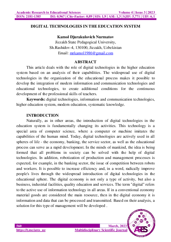(PDF) DIGITAL TECHNOLOGIES IN THE EDUCATION SYSTEM
