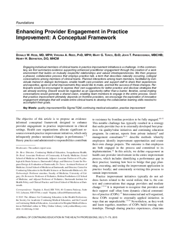 (PDF) Enhancing provider engagement in practice improvement: a ...