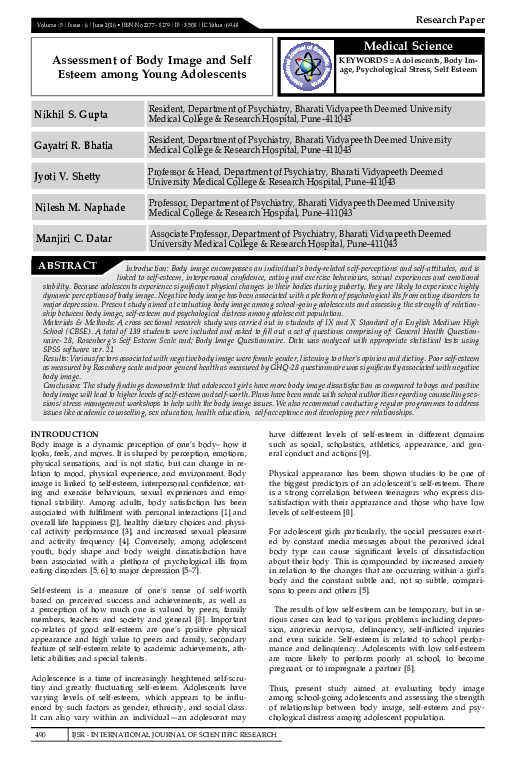 (PDF) Assessment of Body Image and Self Esteem among Young Adolescents