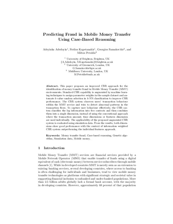 Pdf Predicting Fraud In Mobile Money Transfer Using Case Based Reasoning