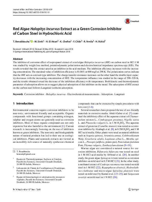 (PDF) Red Algae Halopitys Incurvus Extract as a Green Corrosion ...