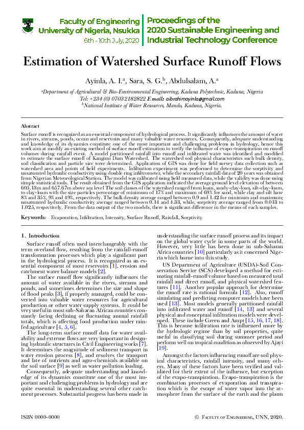 (PDF) Estimation of Watershed Surface Runo Flows | Abdulkareem Ibrahim Ayinla - Academia.edu