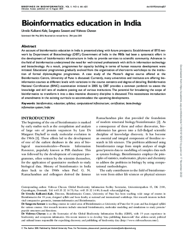 Pdf Bioinformatics Education In India