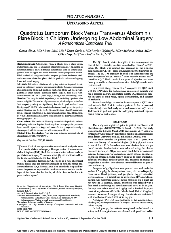 (PDF) Quadratus Lumborum Block Versus Transversus Abdominis Plane Block ...