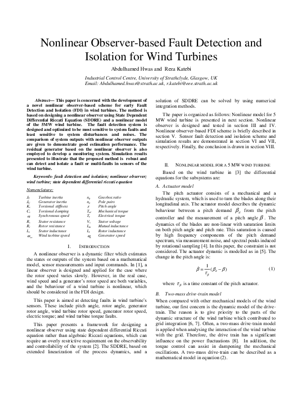 Pdf Nonlinear Observer Based Fault Detection And Isolation For Wind Turbines