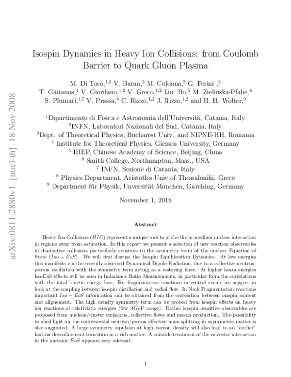 (PDF) Isospin dynamics in heavy ion collisions: From Coulomb barrier to quark gluon plasma ...