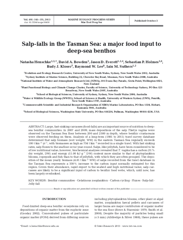 (PDF) Salp-falls in the Tasman Sea: a major food input to deep-sea benthos