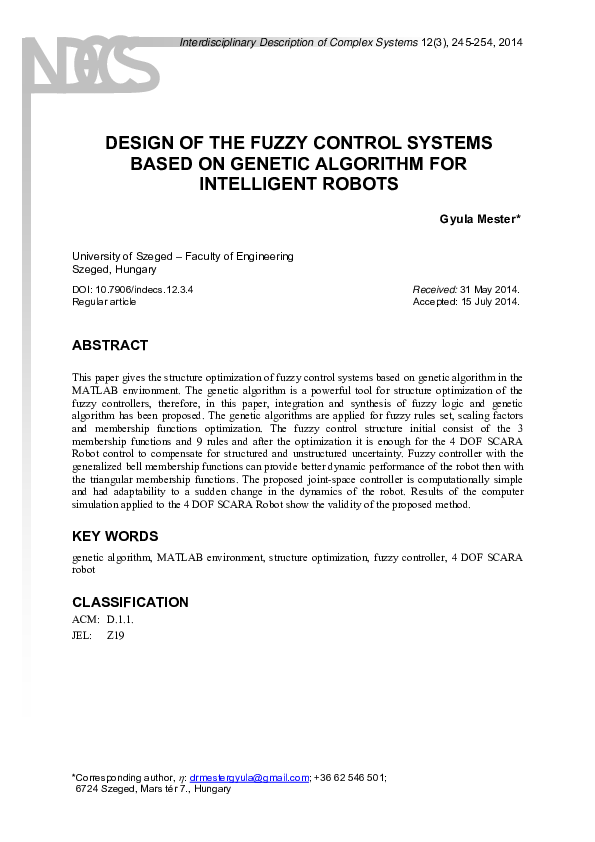 (PDF) Design of the Fuzzy Control Systems Based on Genetic Algorithm ...